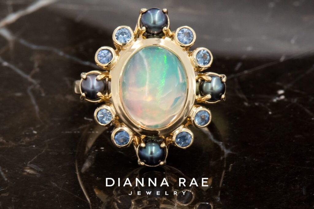 14kt Yellow Gold Ethiopian Opal Ring with Ceylon Sapphire and Black Pearl Accents – Dianna Rae ...