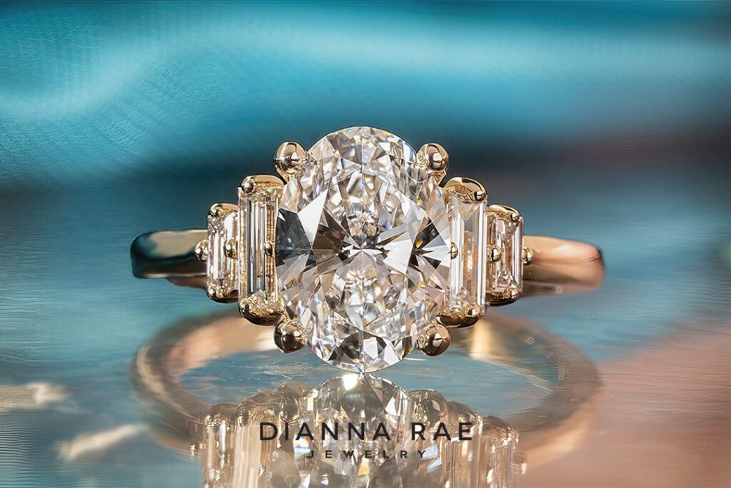 Oval Diamond Engagement ring with baguette side stones – Dianna Rae Jewelry