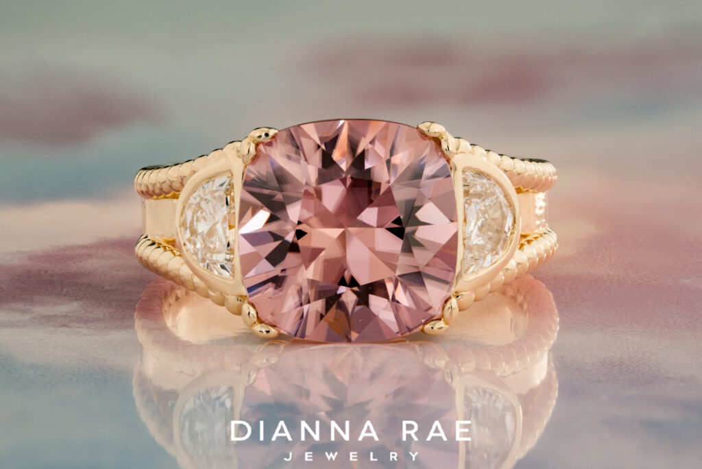 Rose Zircon Ring with Diamond Side Stones | Dianna Rae Jewelry