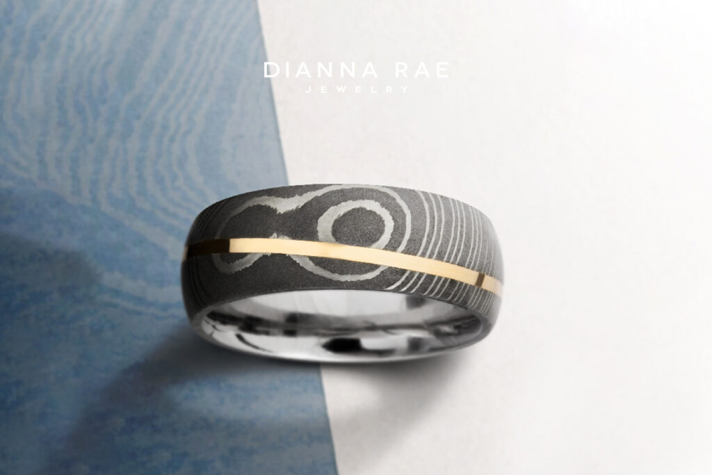 Damascus Steel Ring with 14k Yellow Gold Inlay | Dianna Rae Jewelry